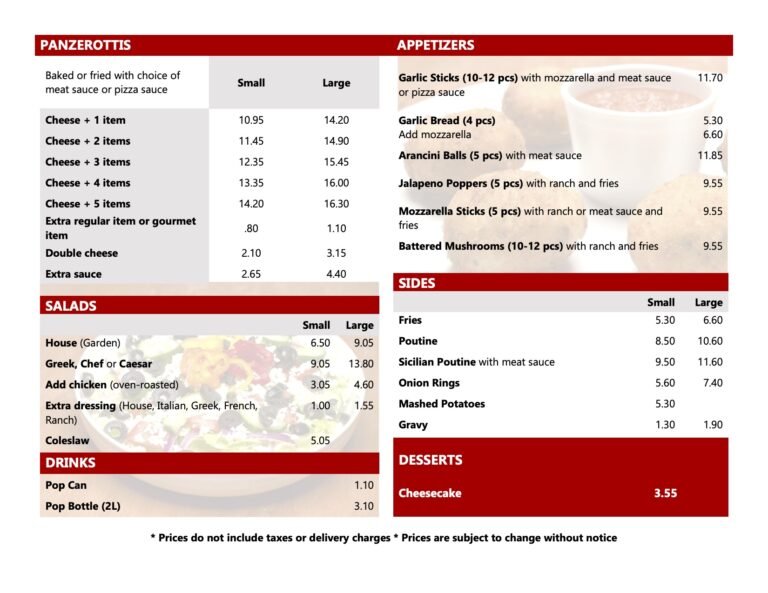 Windsor Pizza Menu - Pizza, Panzerottis, Pasta, Wings - Windsor, Ontario