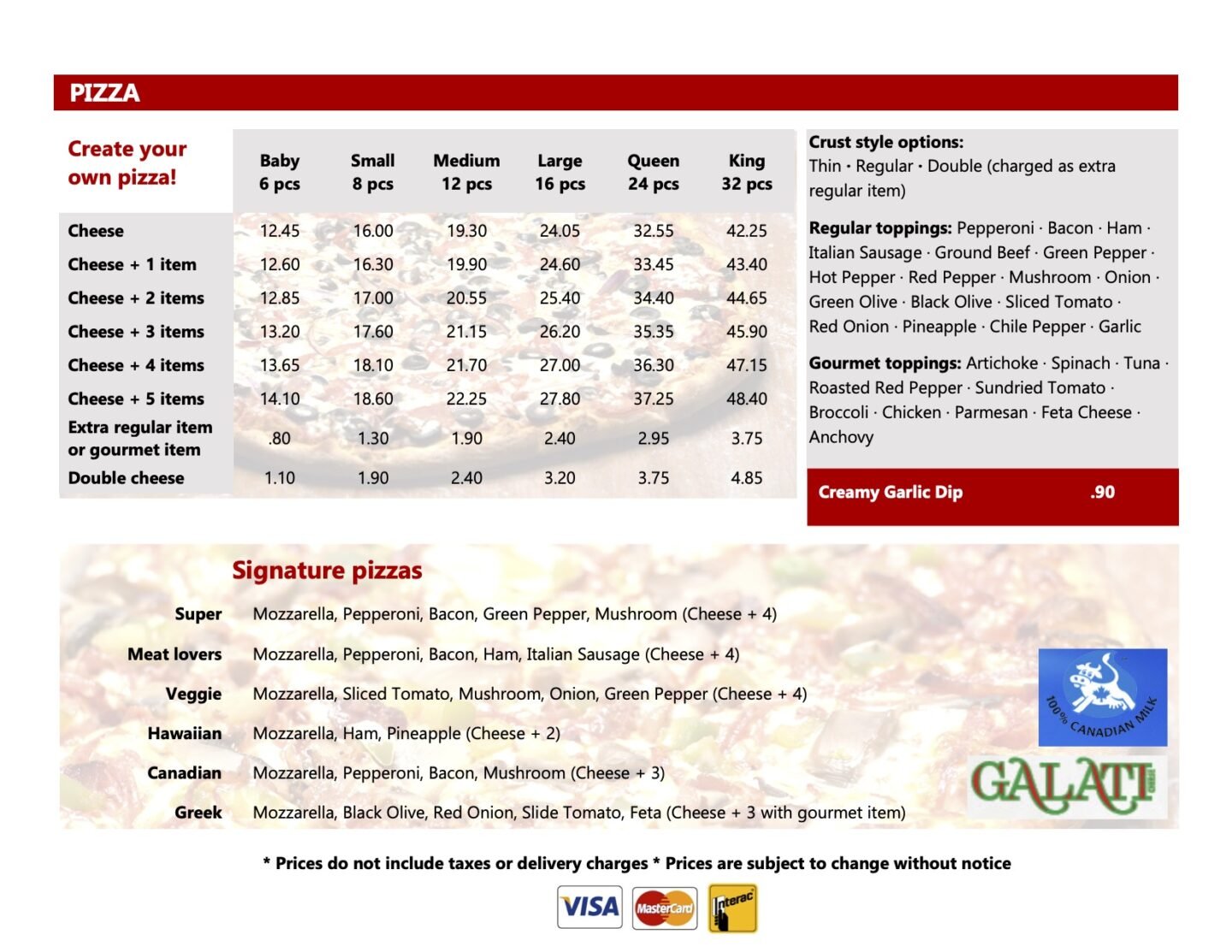 Windsor Pizza Menu - Pizza, Panzerottis, Pasta, Wings - Windsor, Ontario